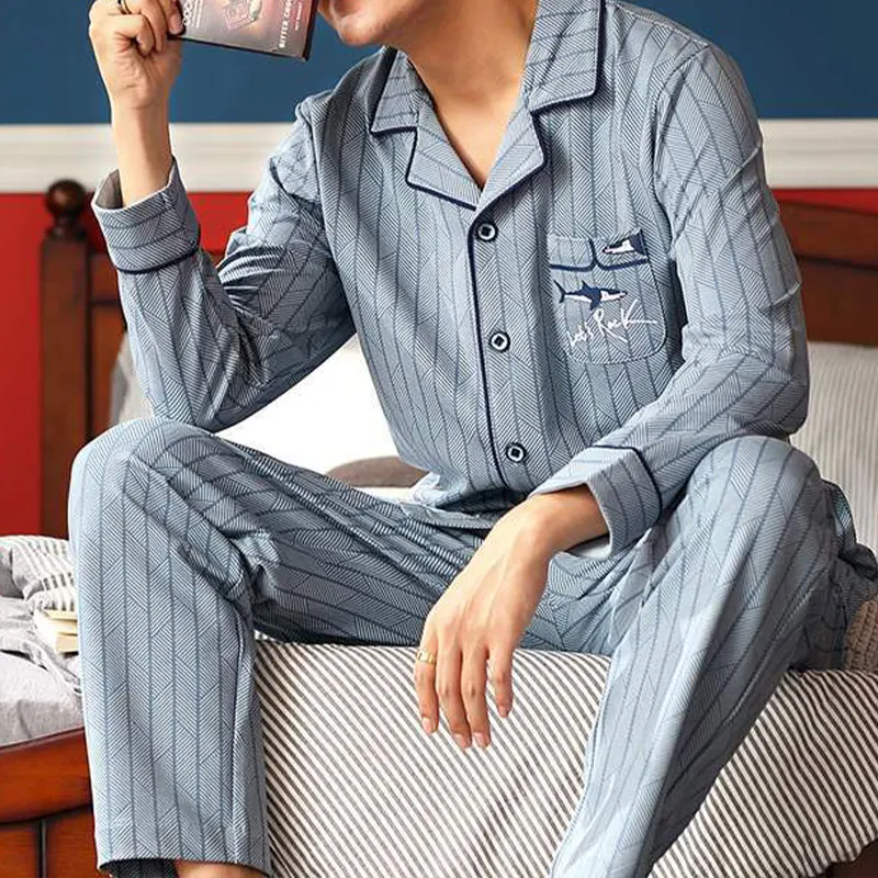 Cotton-Pajama-For-Men-2-Pieces-Lounge-Sleepwear-Pyjamas-stripe-Autumn ...