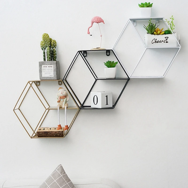 Wall-Shelf-Hexagonal-Metal-Wall-Storage-Rack-Shelves-With-Wooden-Board ...