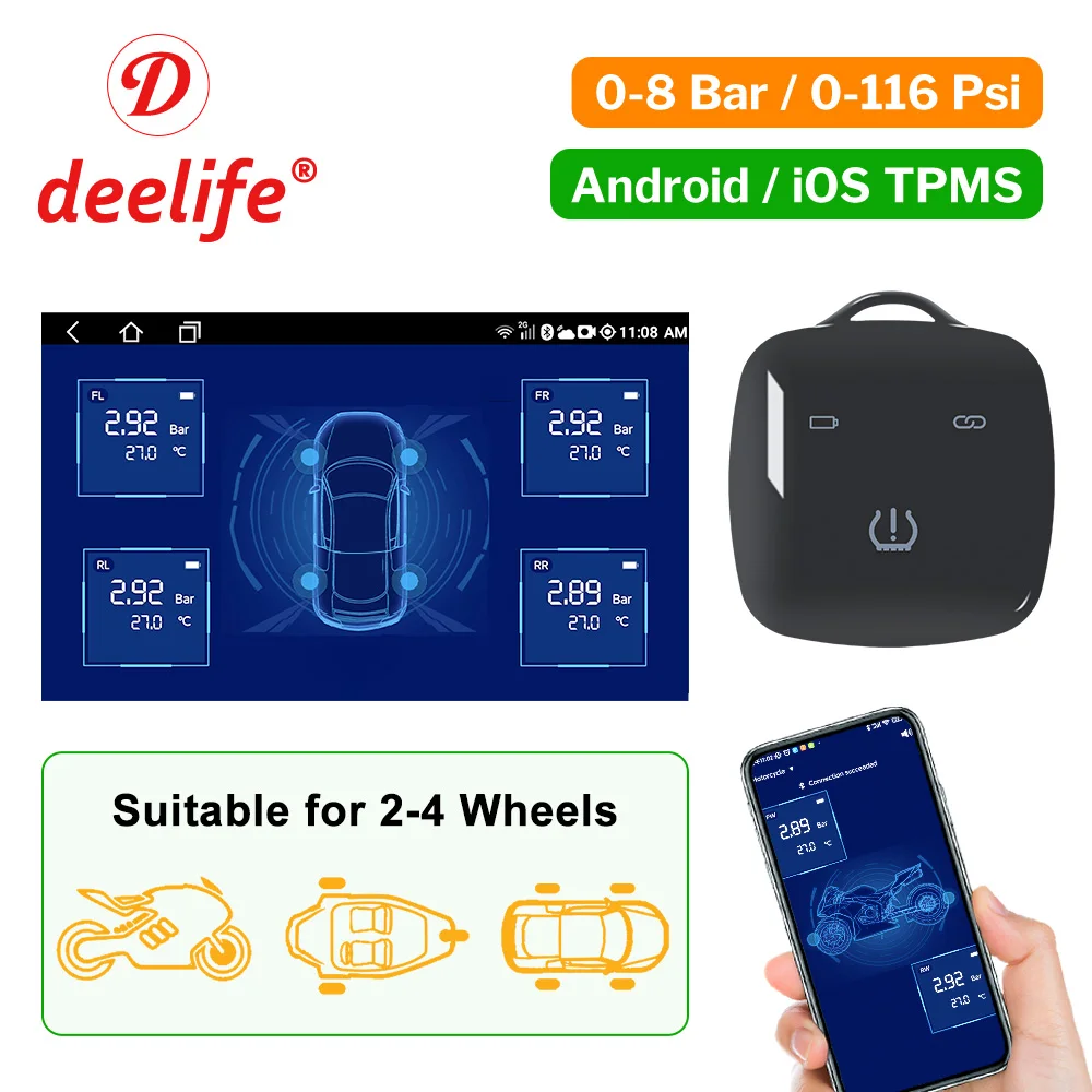 Deelife Android iOS TPMS Bluetooth Car Motorcycle Tire Pressure ...