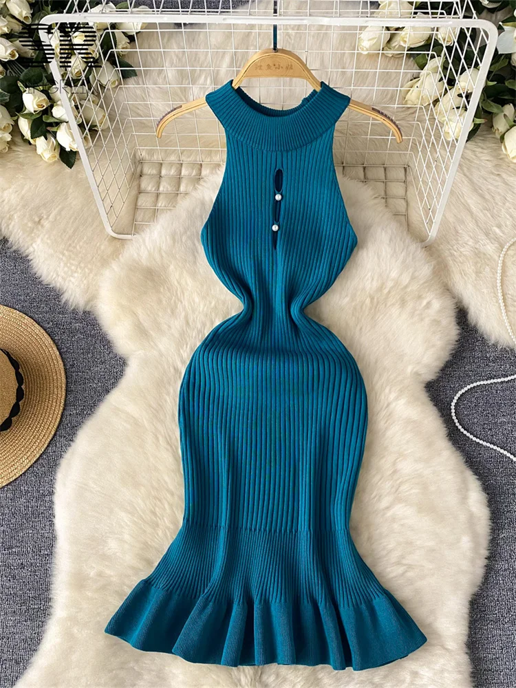SINGREINY-Senior-Halter-Knitting-Dress-Women-Hollow-Out-Pearl-Design-Elastic-Ladies-Sleeveless ...