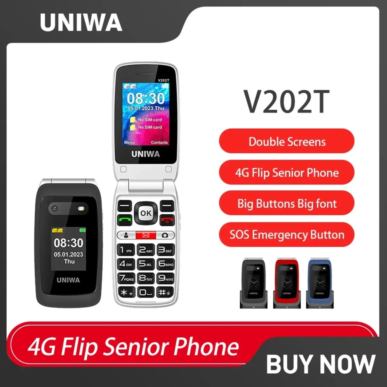 UNIWA V202T 4G Feature Phone Speed Dial Flip Cellphone 1450mAh SOS Big ...