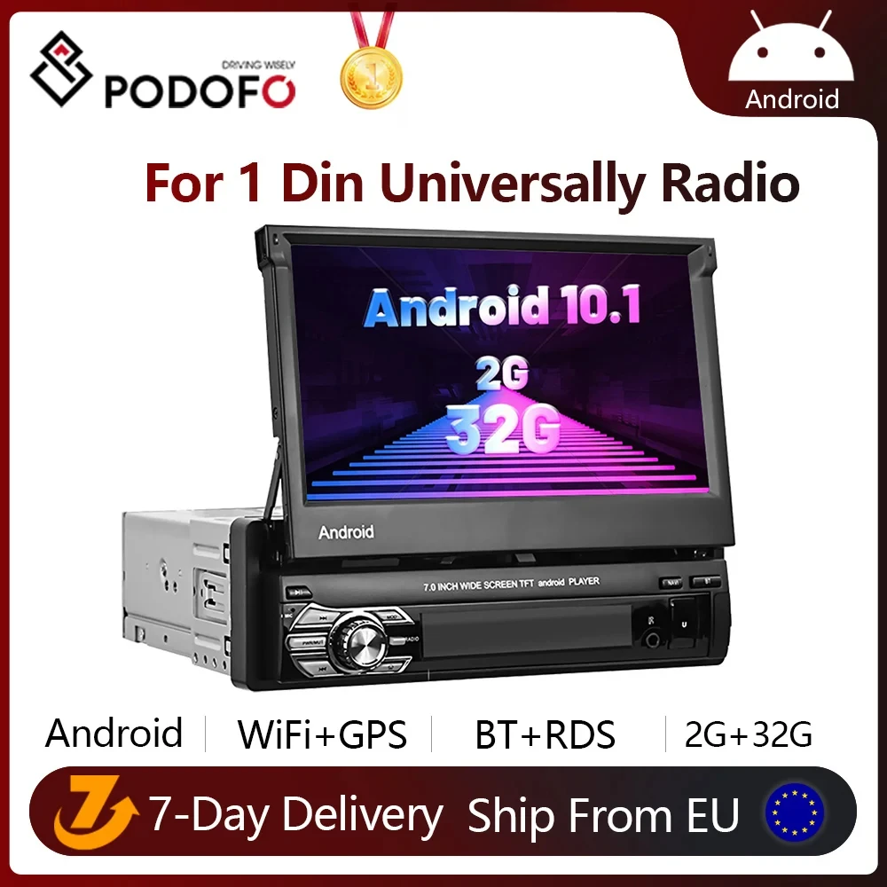 Podofo 1 Din Retractable Android Radio Car Intelligent System Stereo Receiver RDS Multimedia ...