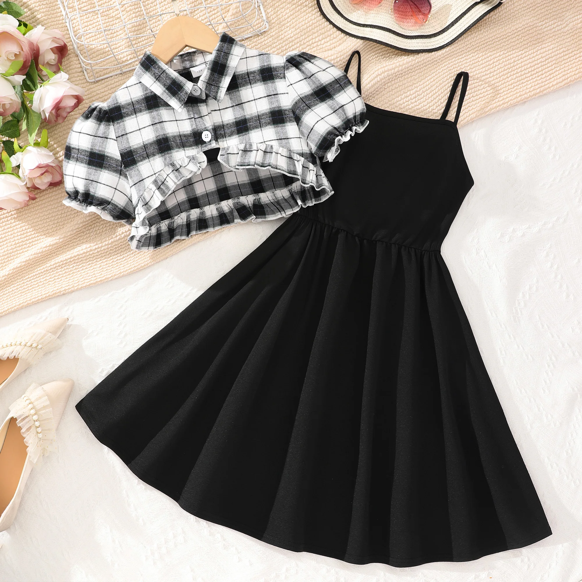 Tween-Girls-Asymmetric-Plaid-Shirt-Suspender-Dress-Two-piece-Set ...