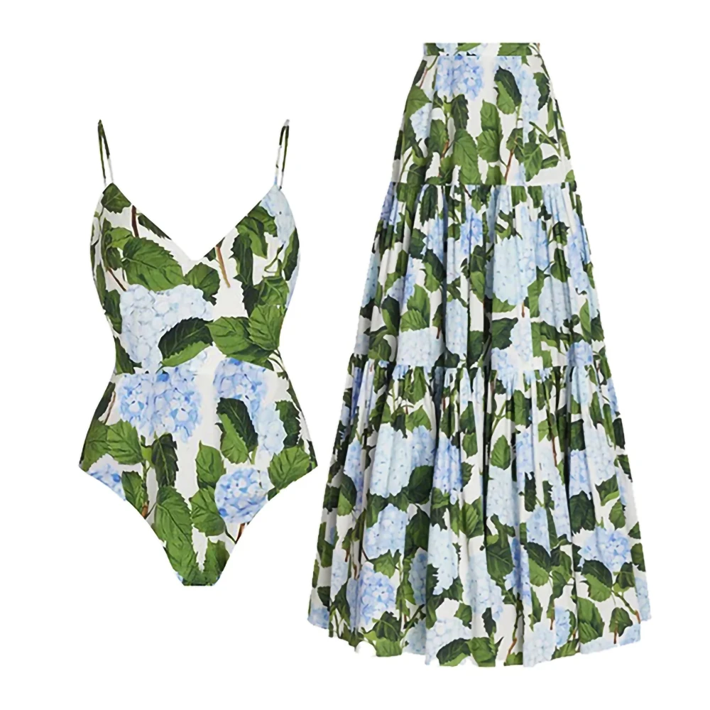 Hydrangea Flower Print Swimsuit Suspenders Sexy V Neck 2023 Fashion ...