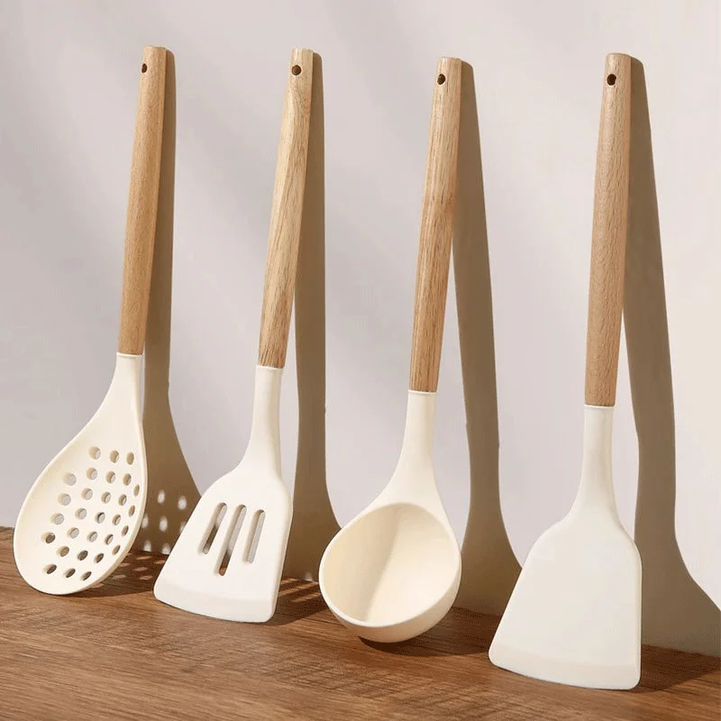 4-piece-Kitchen-Cooking-Silicone-Set-Wooden-Handle-Spoon-Soup-Spoon ...