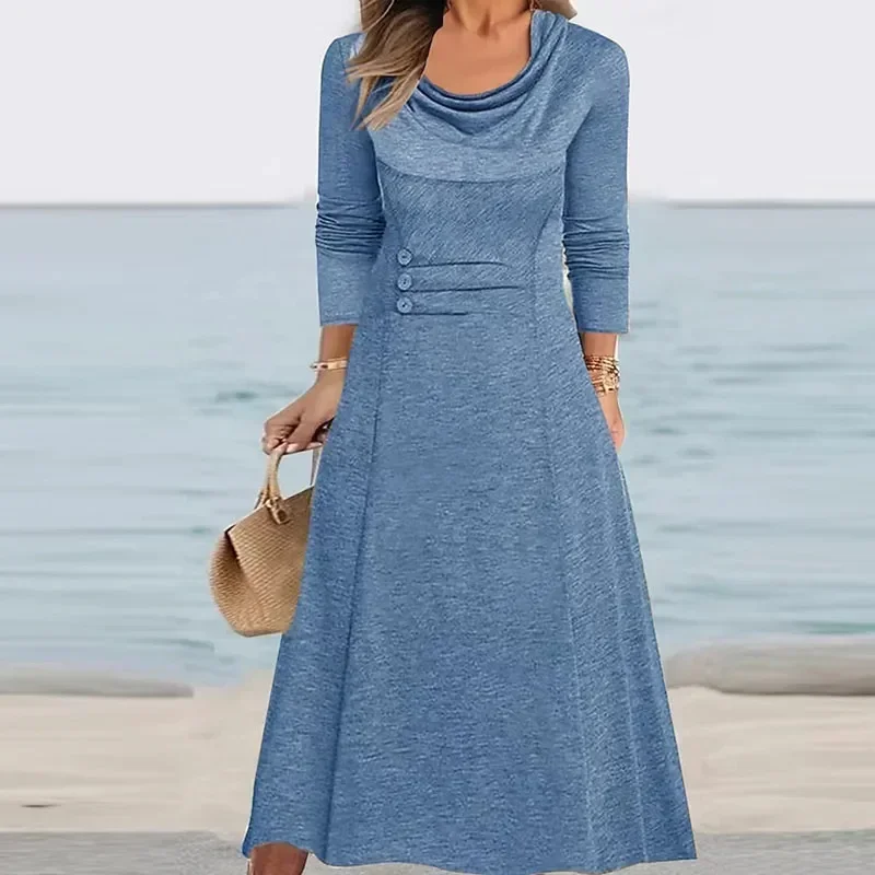 Casual-Ruched-O-Neck-Pullover-Dresses-Fashion-Solid-Button-Draped-Loose ...