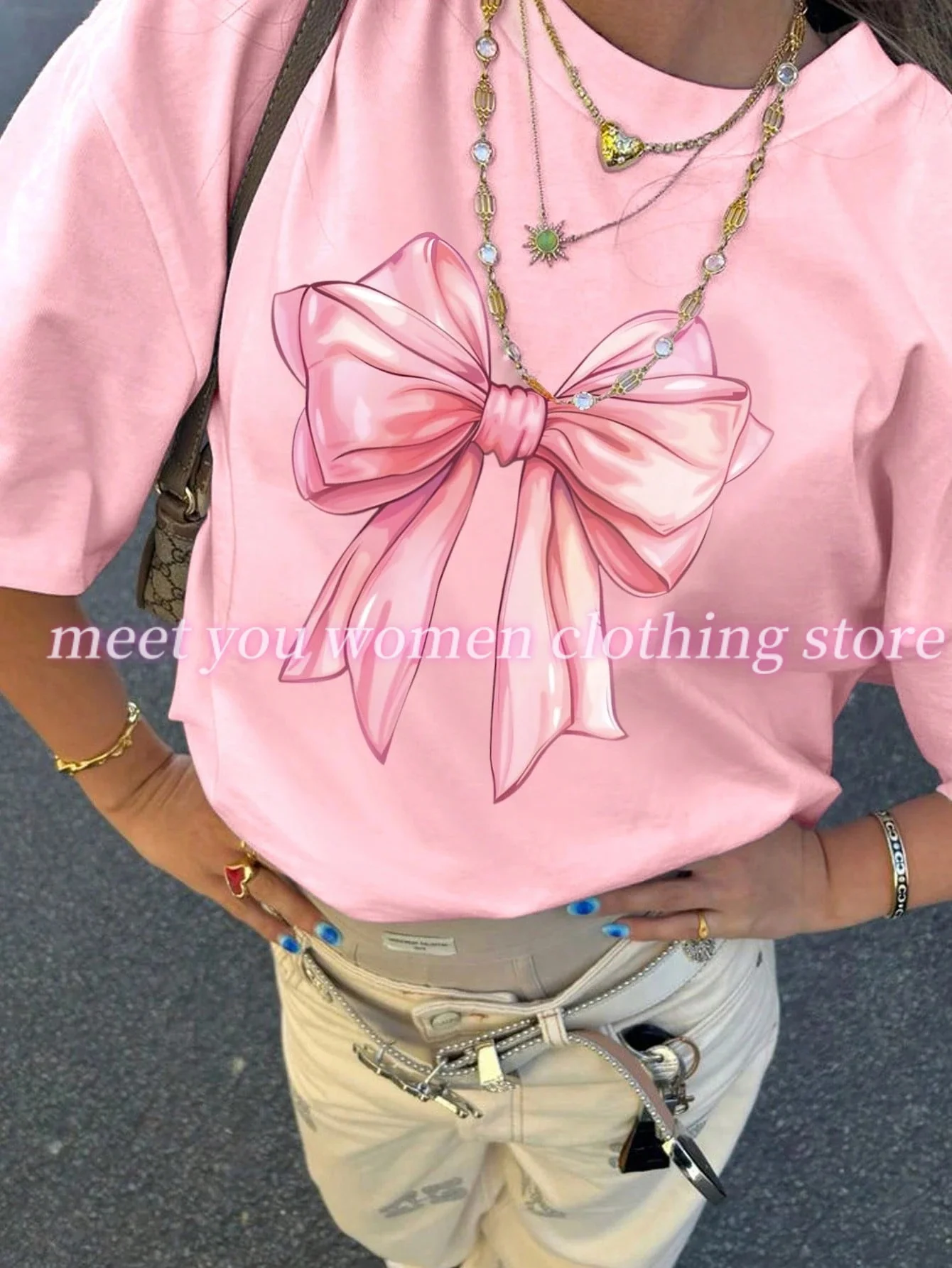 Pink Bow Tie Print Pink T-shirt Women Summer Retro American style ...