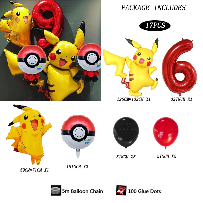 17 piezas de globos temáticos de Pokémon Pikachu de 40 pulgadas, bolas ...