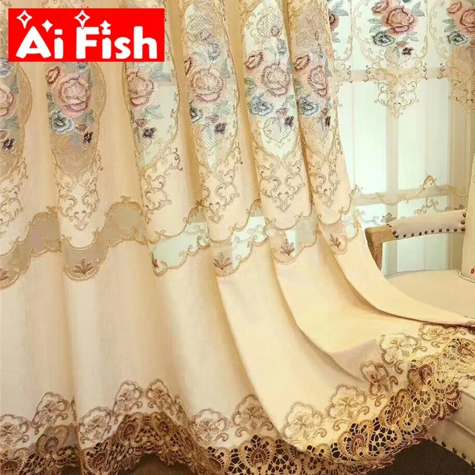 Luxurious Beige Peony Embroidery Curtains for Living Room Semi-Blackout ...