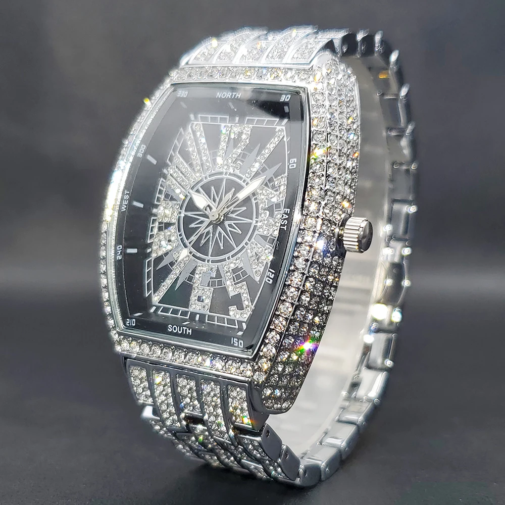 Herren-Luxus-uhr-schwarzes-Zifferblatt-Voll-diamant-Quarz-Armbanduhren ...