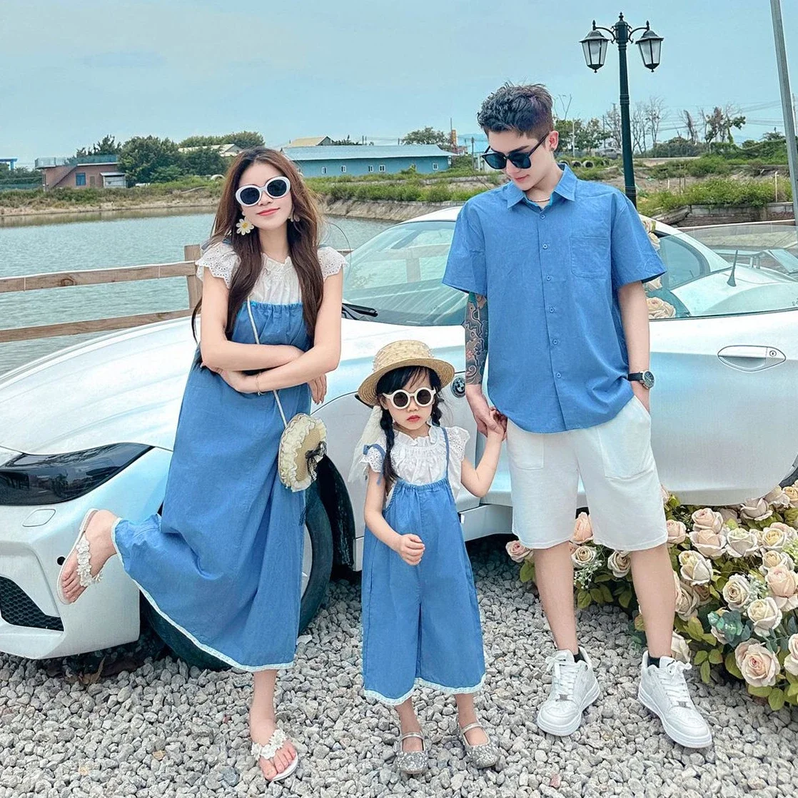 Family-Denim-Clothes-Holiday-Look-Dad-Son-Blue-Shirts-Mom-Daughter ...