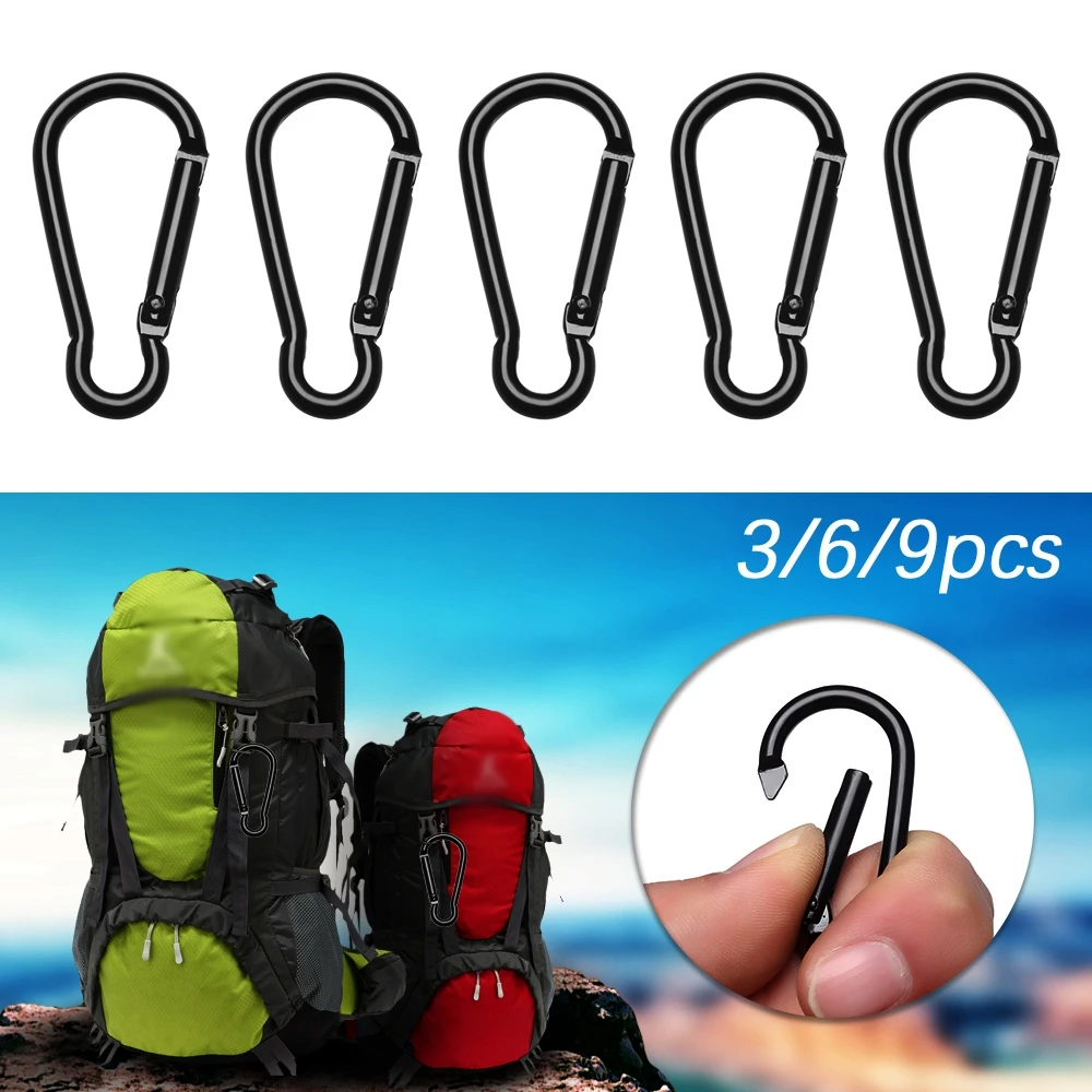 3/6/9pcs Black Aluminum Alloy D Carabiner Outdoor Spring Snap Clip ...