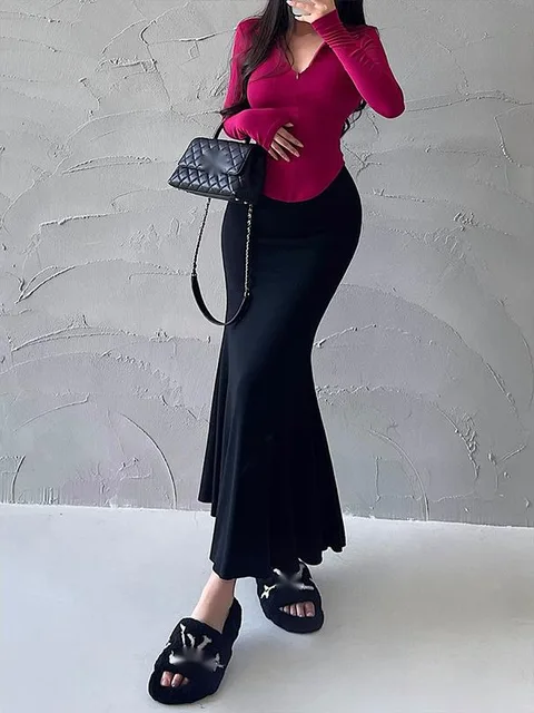 WOMENGAGA Sexy High Waist Tight Slim Elastic Wrap Hip Fishtail Skirt Half Length Skirts Trumpet ...