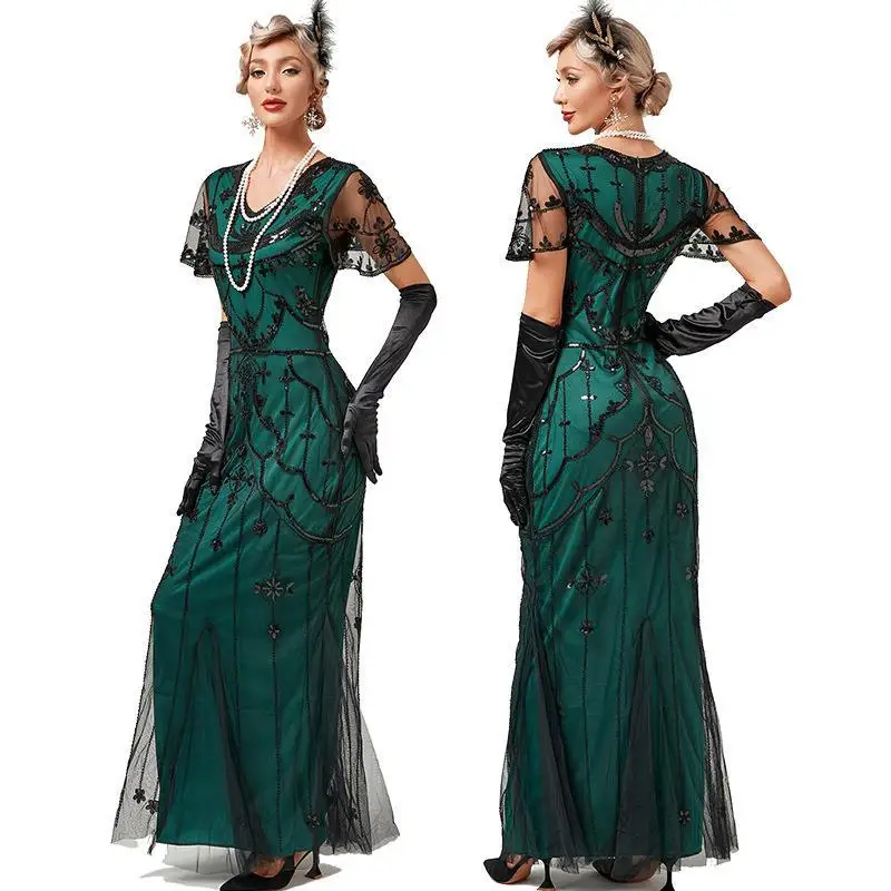 1920s Beading Sequin Vintage Long Dress Fashion Short-sleeved ...