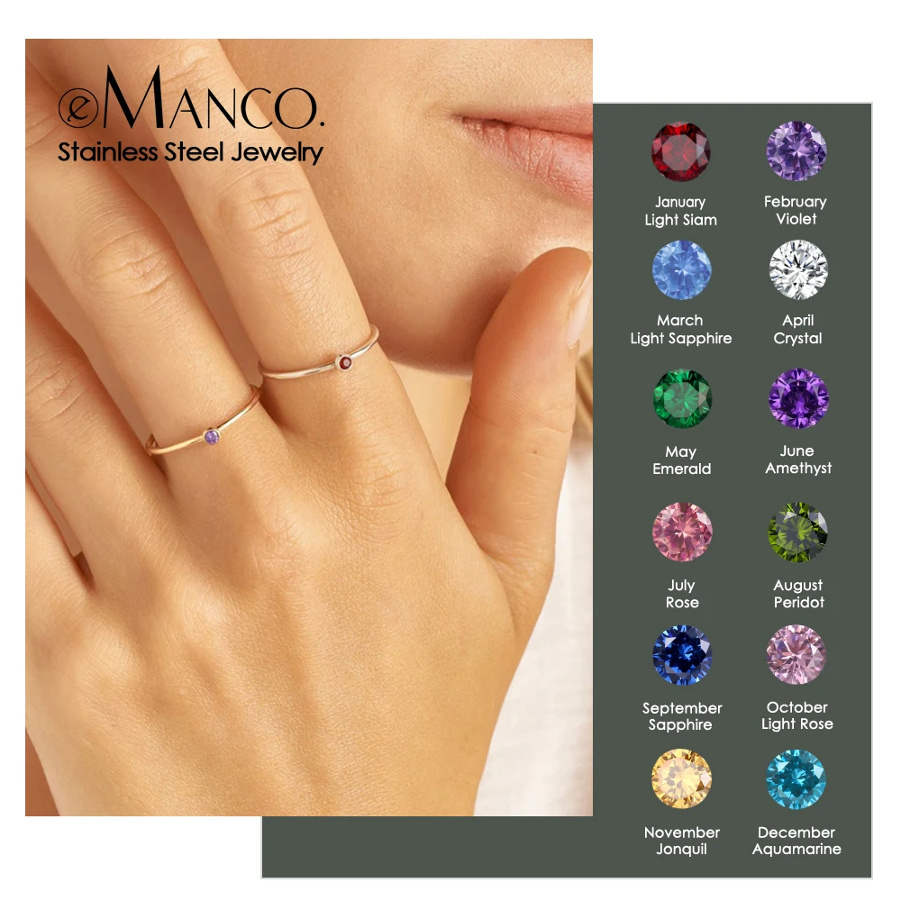 Emanco 12 Color Birthstone Ring Stainless Steel Gold Plating Simple ...
