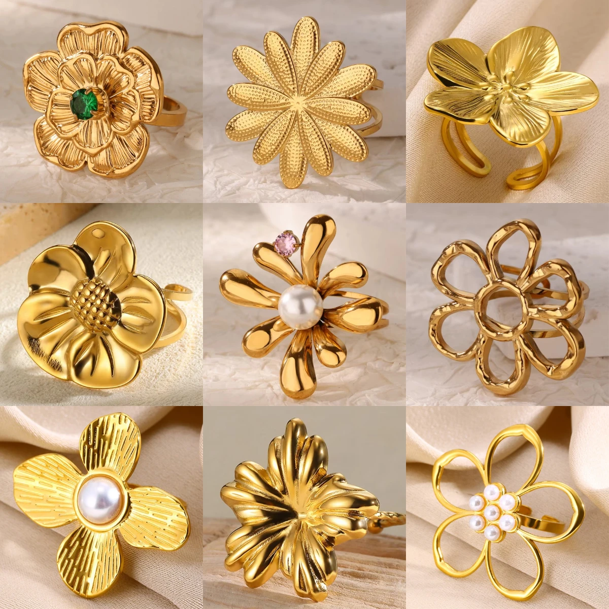 Anillos de flores de acero inoxidable de lujo para mujer, anillo ...