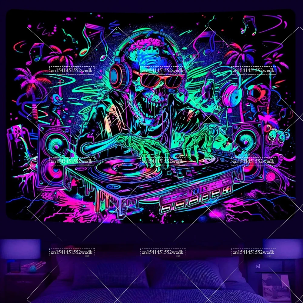 Skull Blacklight Tapestry UV Reactive Trippy Hip Hop DJ Skeleton ...