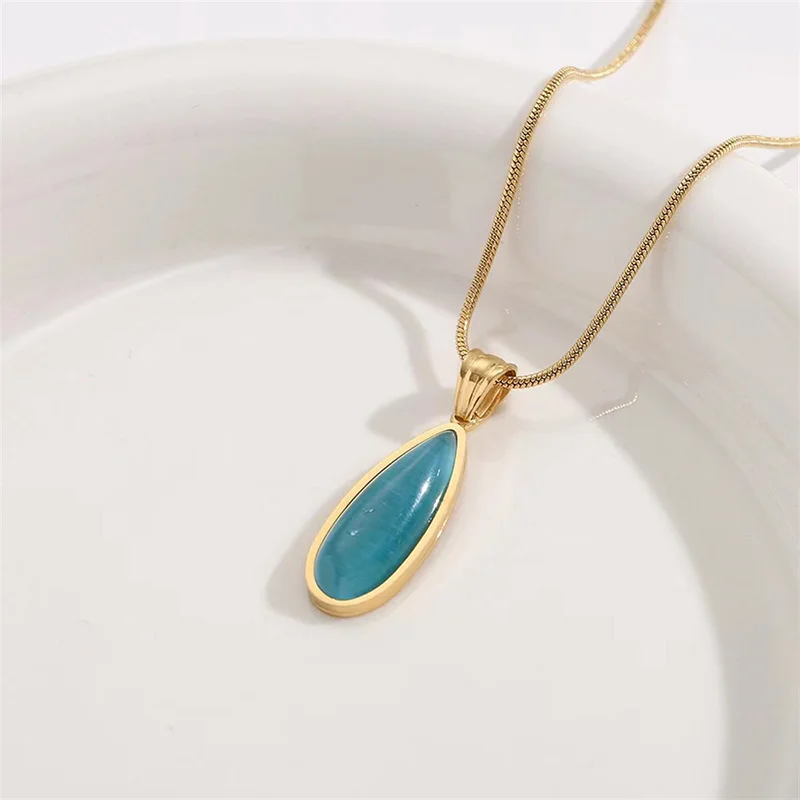 Vintage-Translucent-Blue-Green-Water-drop-Pendant-Necklace-Stainless ...