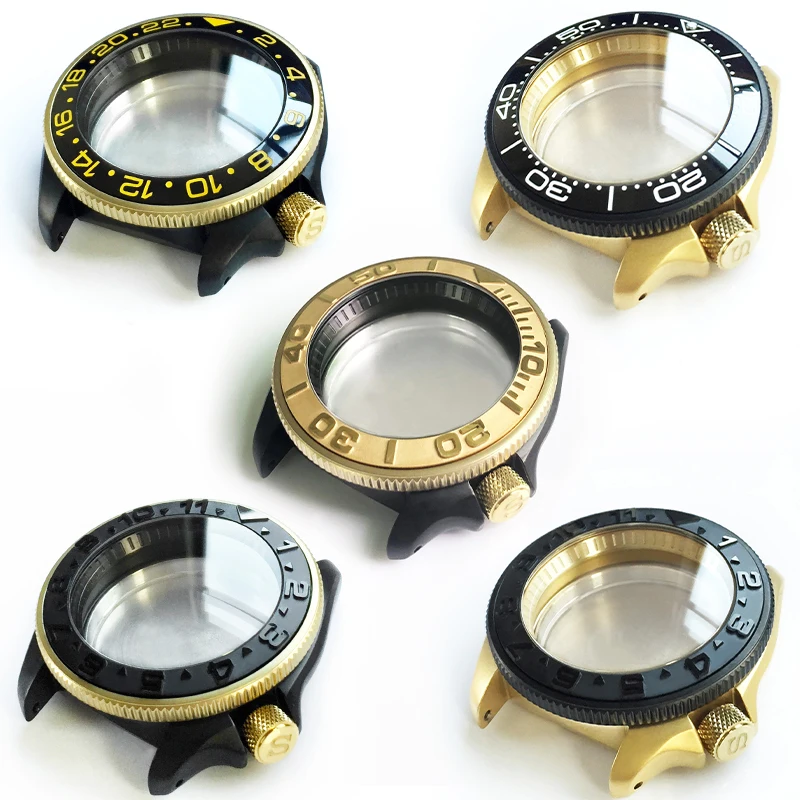 Watch-Case-Black-Gold-Brushed-Stainless-Steel-Sapphier-Glass-Mechanical ...