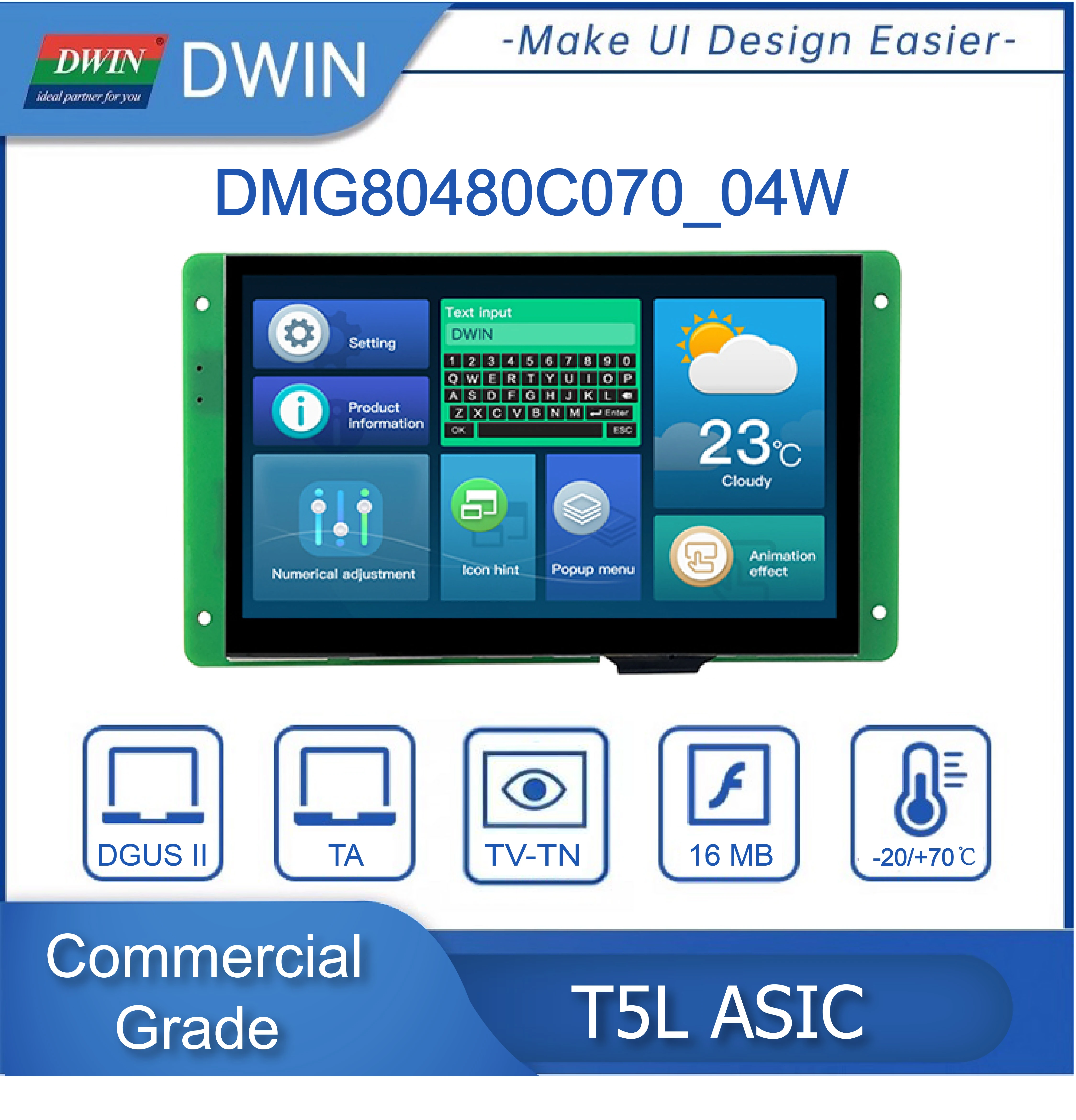 Dwin UART TFT 터치 모듈, HMI 디스플레이, 상업용 등급, 262K 색상, RGB 인터페이스, TV TN TFT LCD 스마트 스크린, 7.0 인치, 800* ...