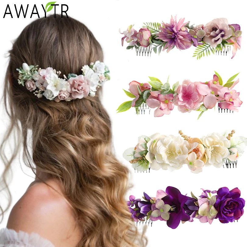 Bride Flower Hair Combs Wedding Headwear Romantic Rattan Floral Hairpin ...