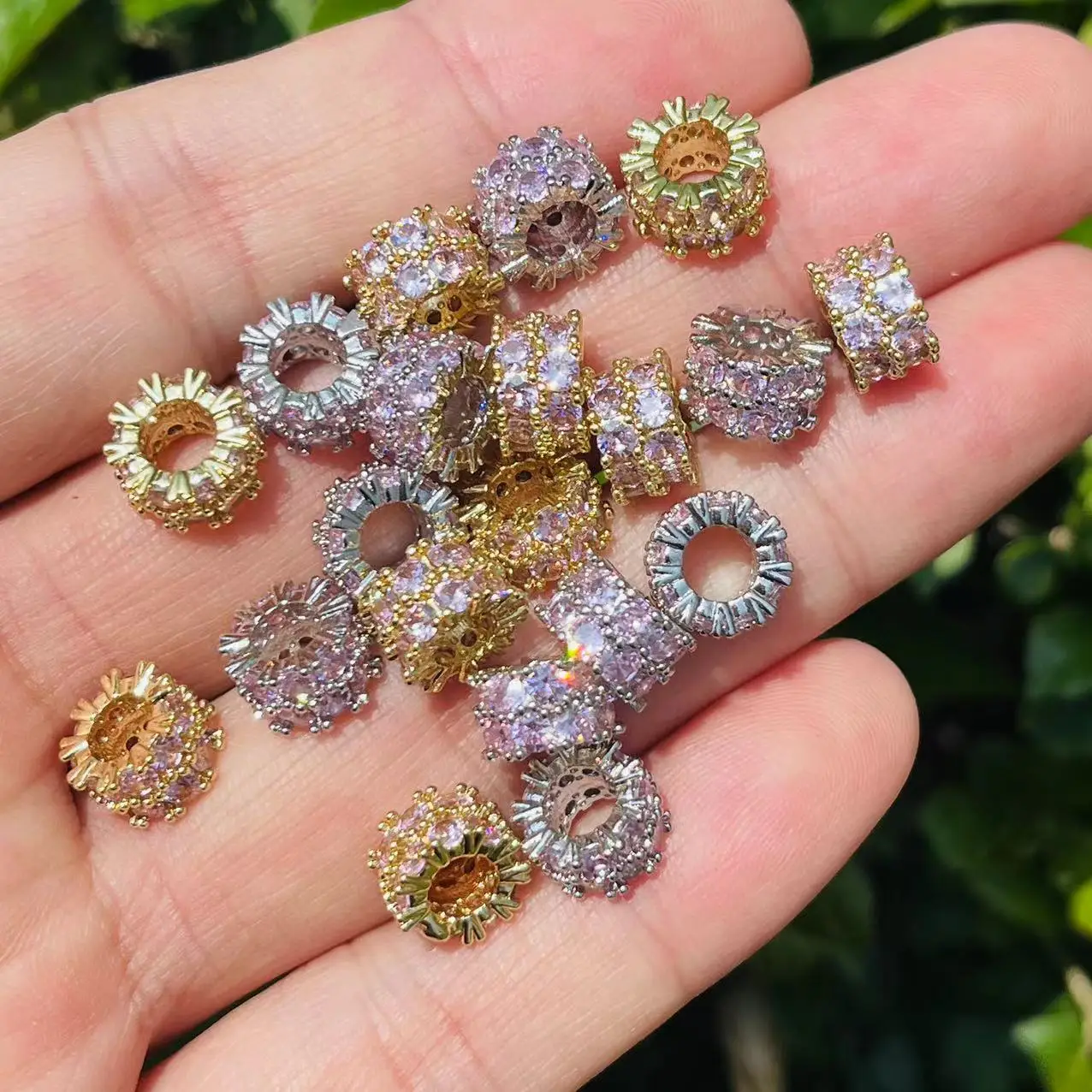 10Pcs-Lot-Light-Pink-CZ-Pave-Spacer-Wheel-Beads-9x5mm-Jewelry-Findings ...