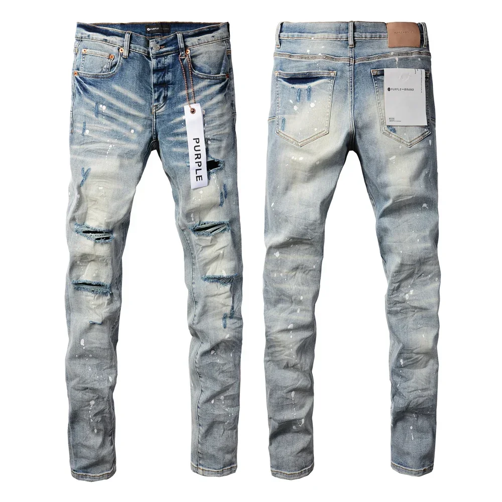 Purple Men's High Street Blue Denim Slim Paint Graffiti Pattern Damaged ...