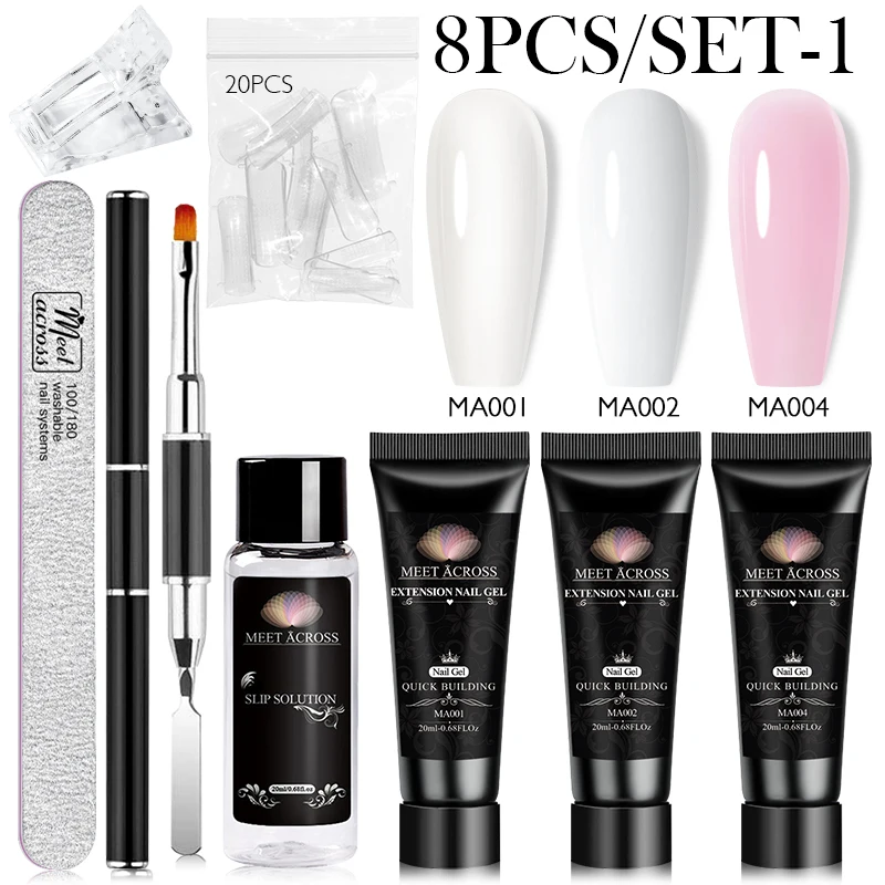 MEET ACROSS Extension Nail Gel Polish Set Acrylic Crystal Building Full ...