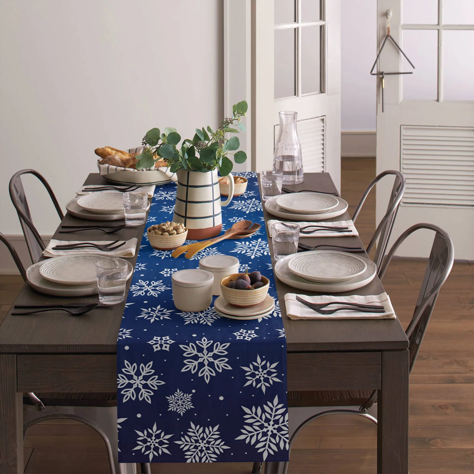 Christmas Snowflake Texture Blue Table Runners Home Kitchen Decor ...