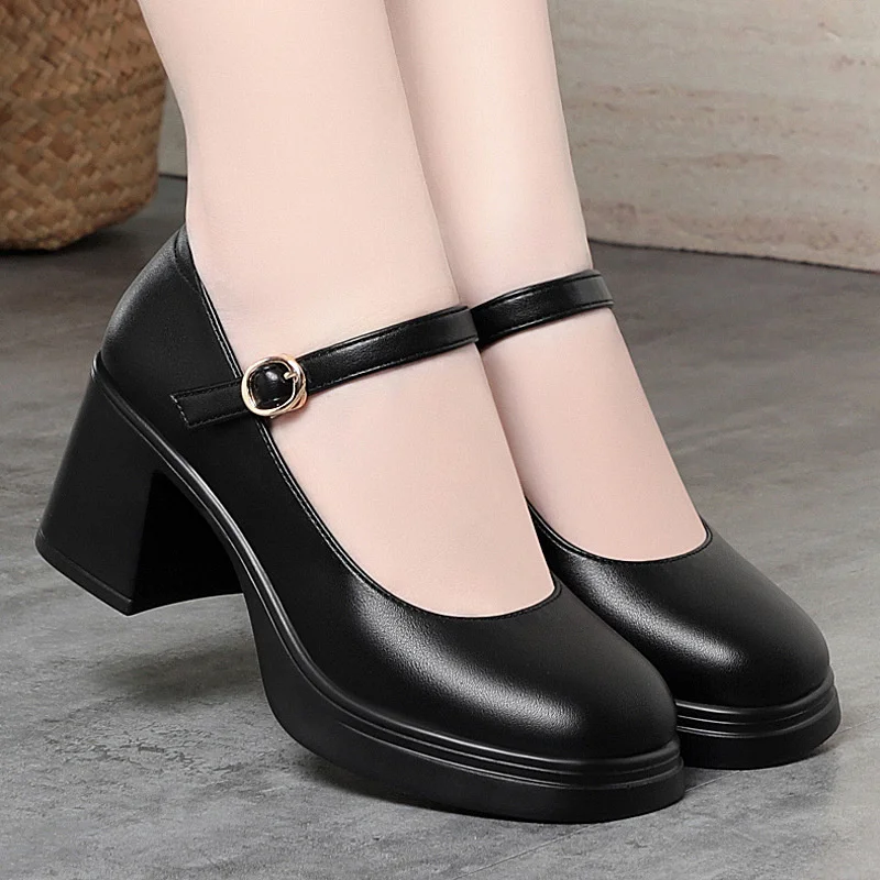 Square Toe Single Shoes Soft Sole One-Button Thick Heel Work Shoes ...