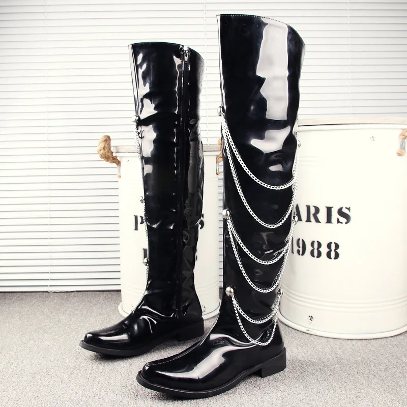 Quality Patent Leather Punk Style Chain Rivet Knee High Long Military ...