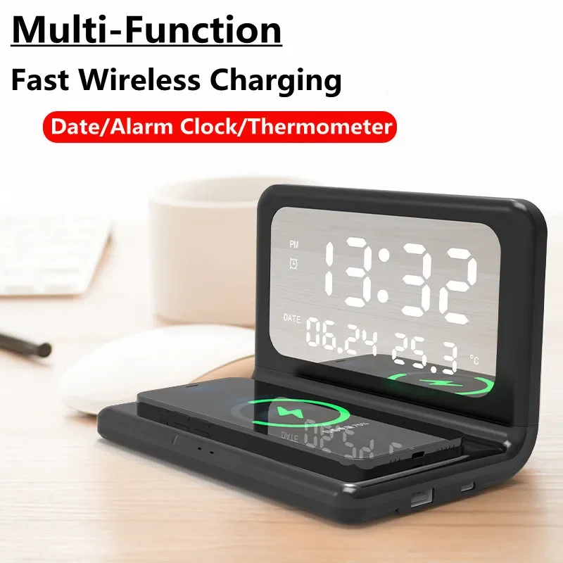 Wireless Charger Pad Stand with Alarm Clock Thermometer for iPhone 14 ...