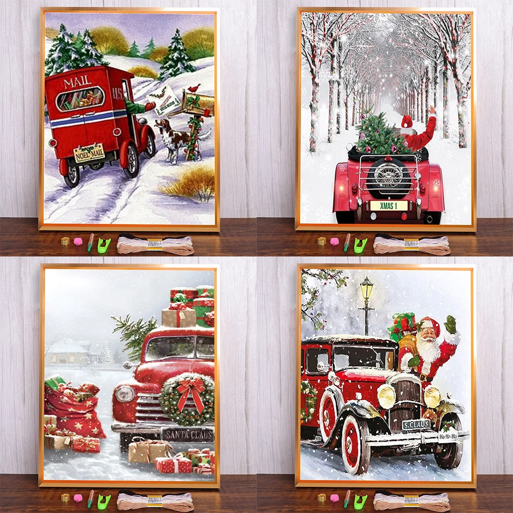 Christmas-Landscape-Red-Car-Cross-Stitch-Embroidery-Full-Kit-Painting ...