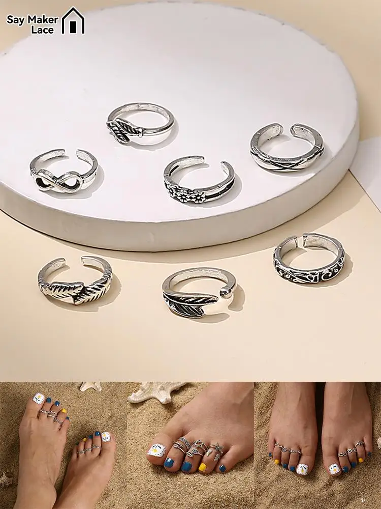 Anillo de pie de 6 piezas para mujer, anillo de aleación con patrón de ondas, ajustable, para la ...