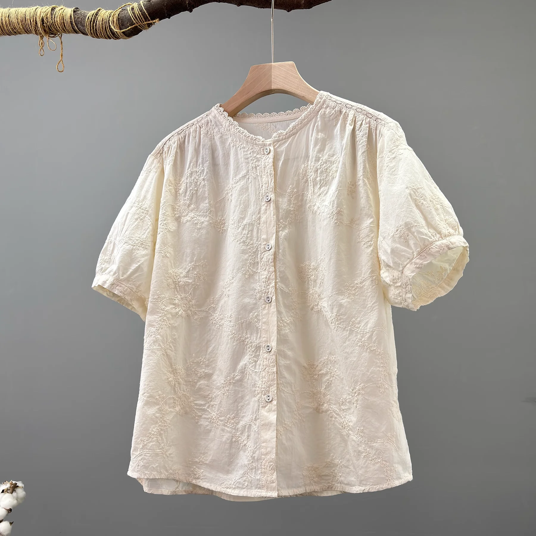 100% Cotton white woman blouse Japan fashion short sleeve lace ...