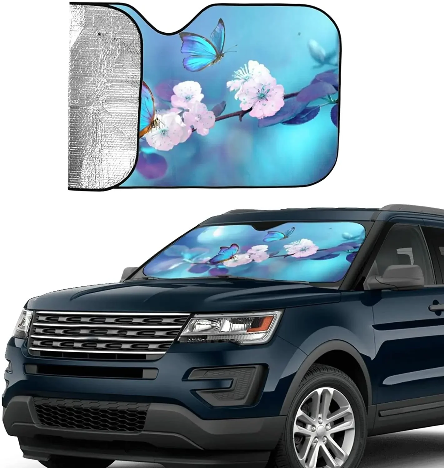Blue-Butterfly-Flower-Car-Windshield-Sunshade-Front-Window-Sun-Visor ...