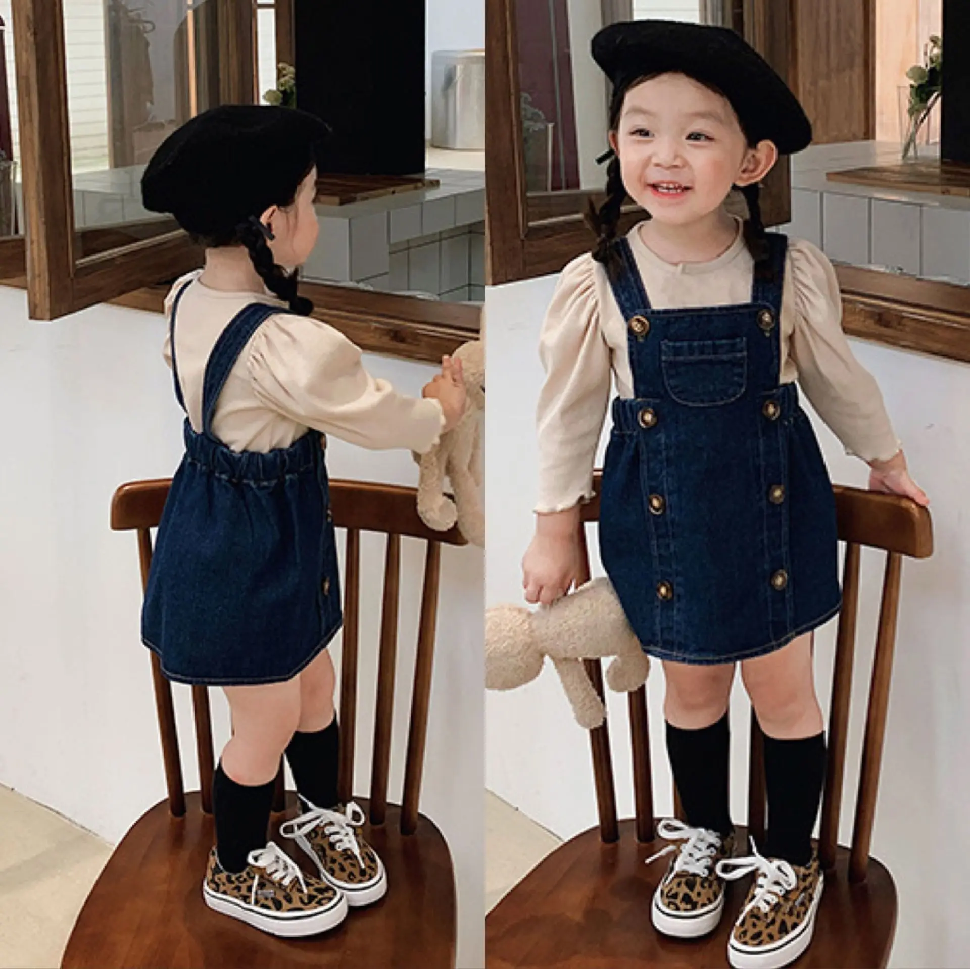Children's Clothing Sets Denim Strap-up Dress + Long Sleeve Base Top ...