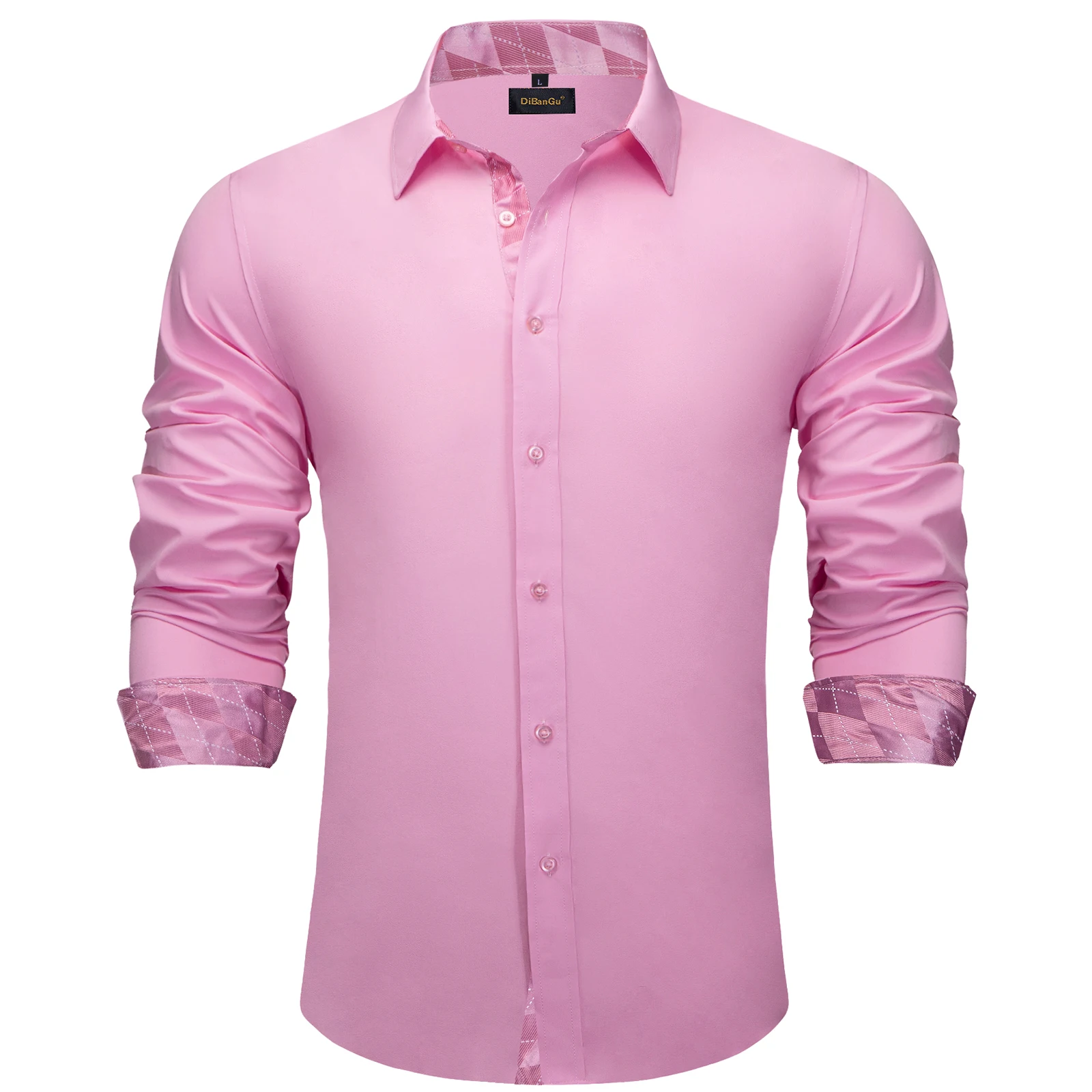 Pink Solid Men's Shirt Long Sleeve Turn Down Collar Designer Contrast ...