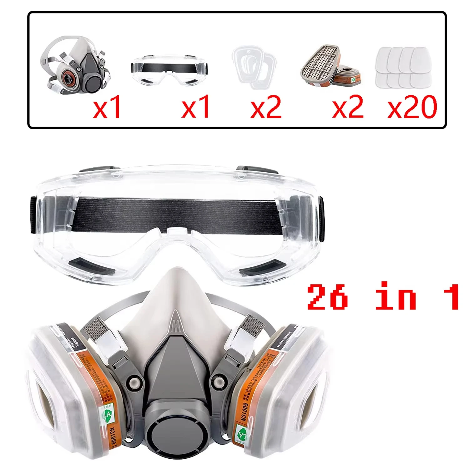 26in1 Gas Mask 6200 Half Face Respirator with Anti-Fog Safety Glasses ...