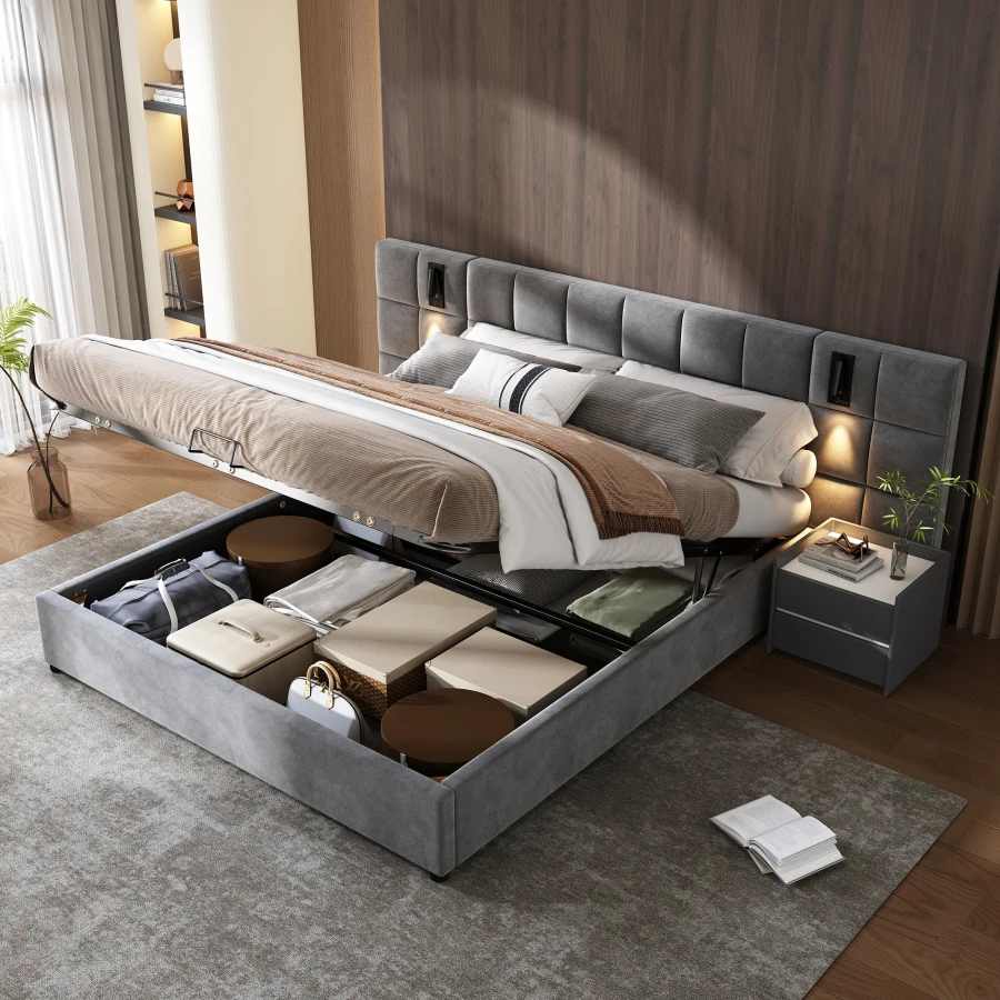 Upholstered-bed-Hydraulic-storage-bed-with-directional-lamp-and-USB ...