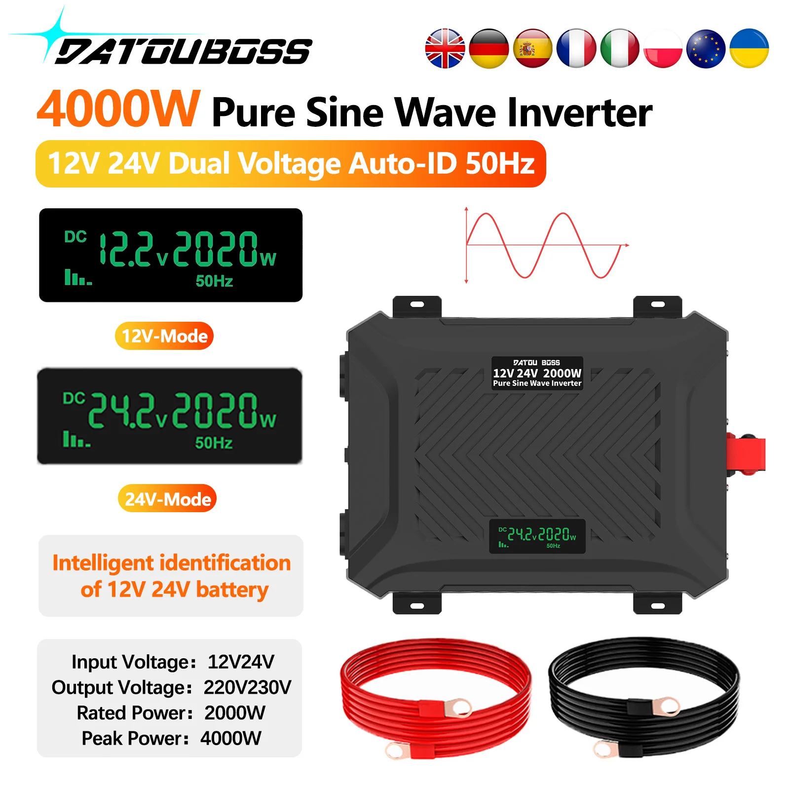 DATOUBOSS 12V 24V Dual Voltage Smart Car Inverter 2000W Rated 4000W ...