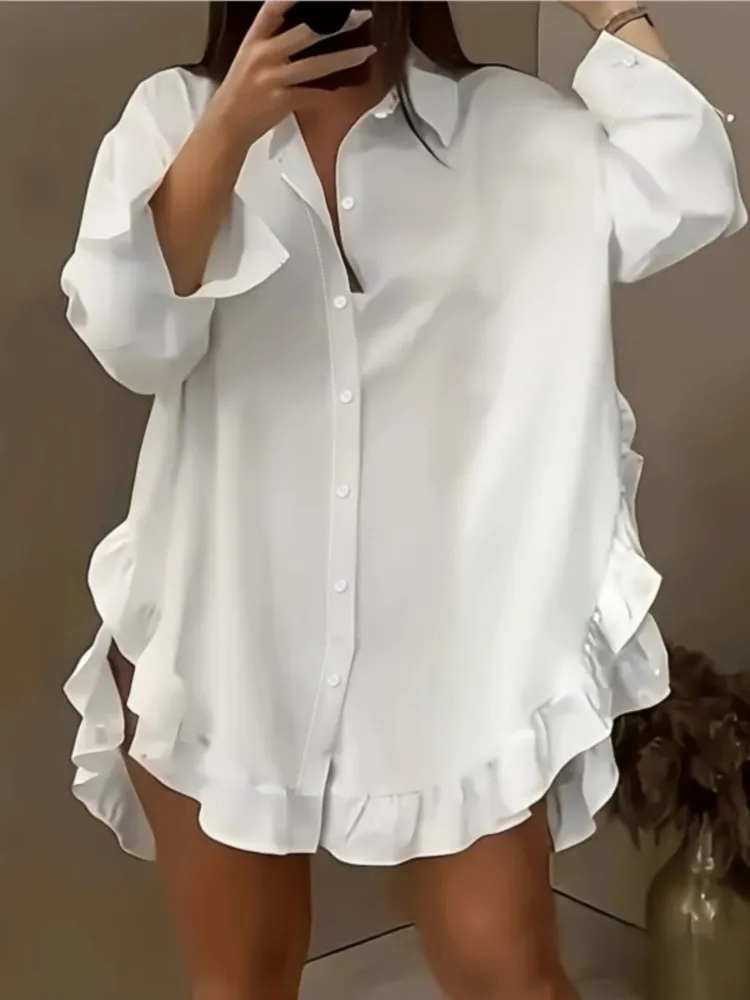 New Solid Mini Party Prom White Mini Dresses Women Falbala Lapel Long ...