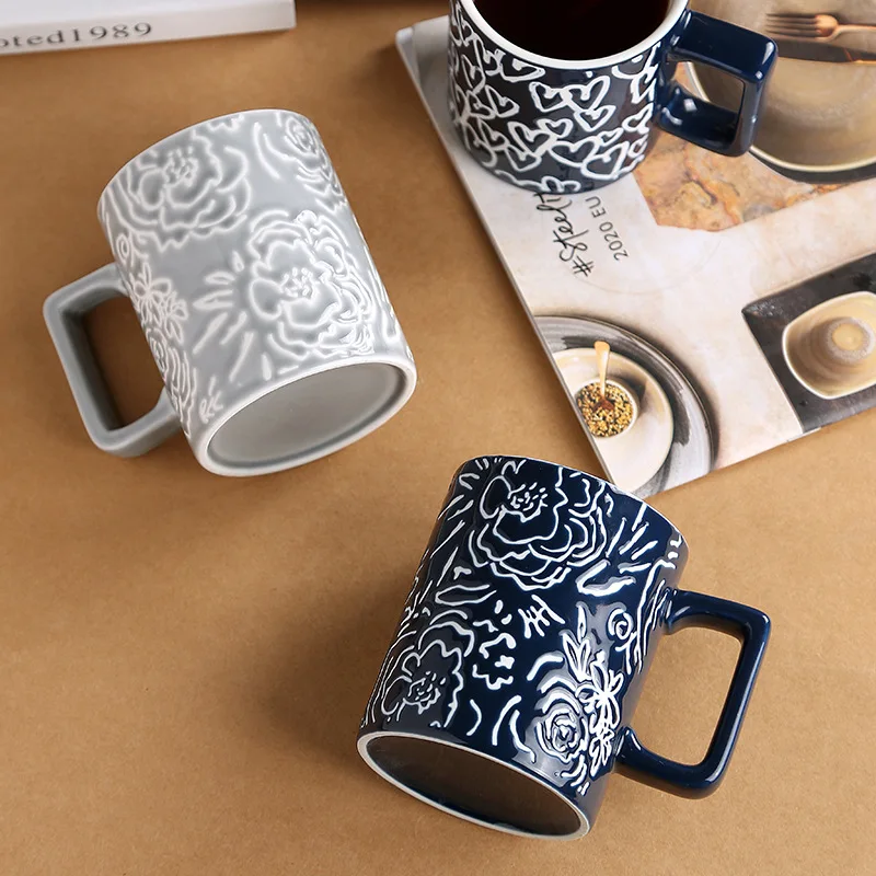 Mug-Hand-Painted-Simple-Flower-Indented-Pattern-Couple-Pair-Cup-Ceramic ...