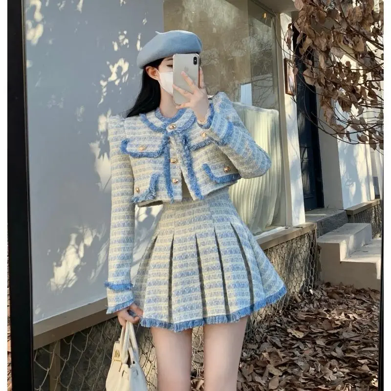 여성용 모직 트위드 프린지 블레이저 코트 위브 태슬 재킷 가디건 상의 A 라인 플리츠 스커트 가을 겨울 2 피스