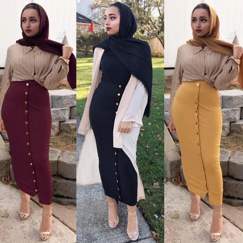 Long Pencil Skirt Women Muslim Dubai Abaya Skirts Maxi Pencil Middle ...