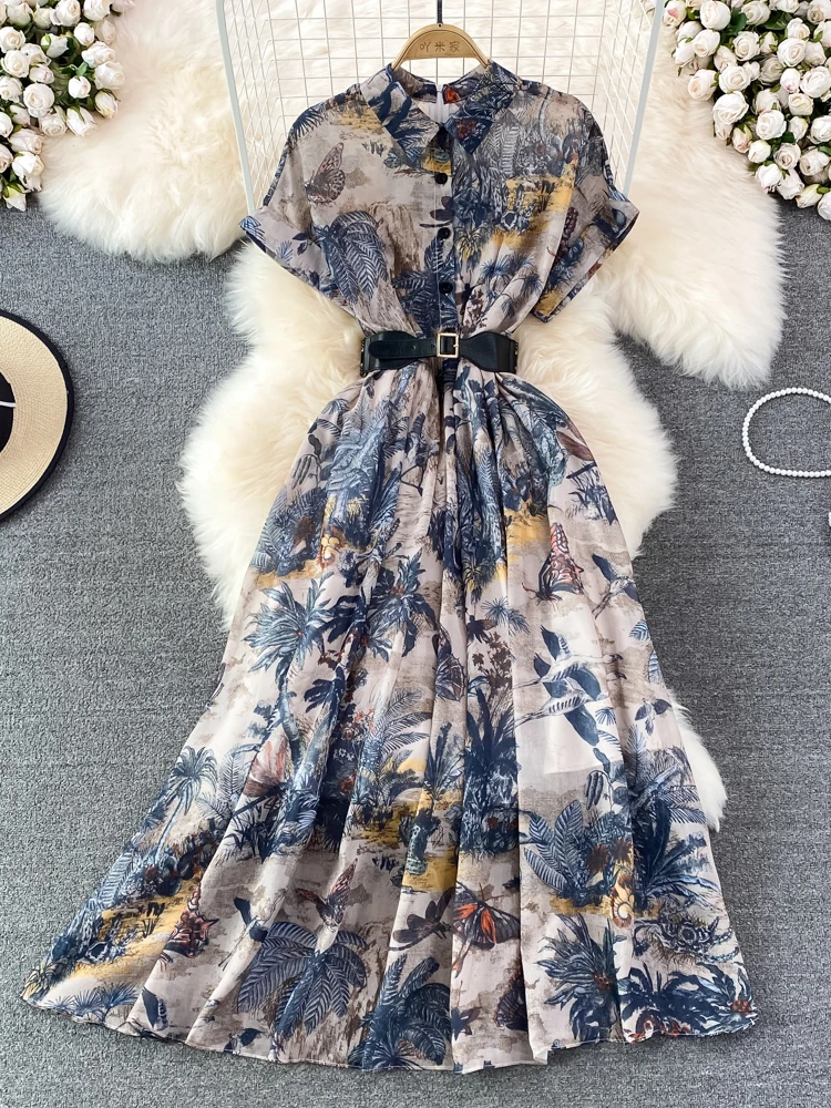 2024-Summer-Ink-Painting-Print-Vintage-Dress-Women-Flip-Collar-Slim ...