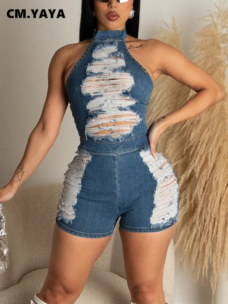 CM-YAYA-Women-Fashion-Ripped-Hollow-Out-Sleeveless-Halter-Neck-Zipper-Back-Denim-Playsuit-Jean ...