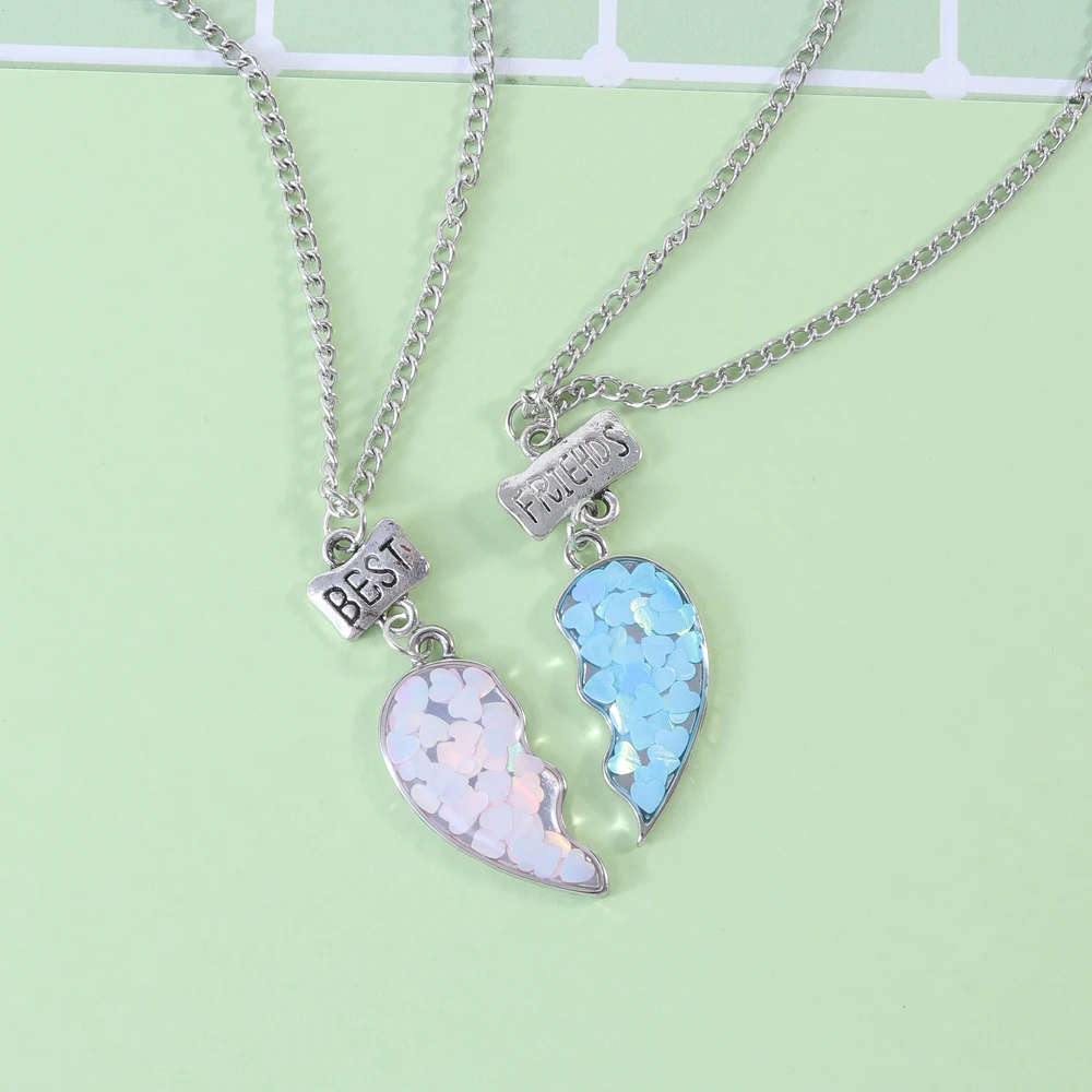 2-Pcs-Best-Friends-Charm-Necklace-Set-Blue-And-Pink-Half-Heart-Matching ...