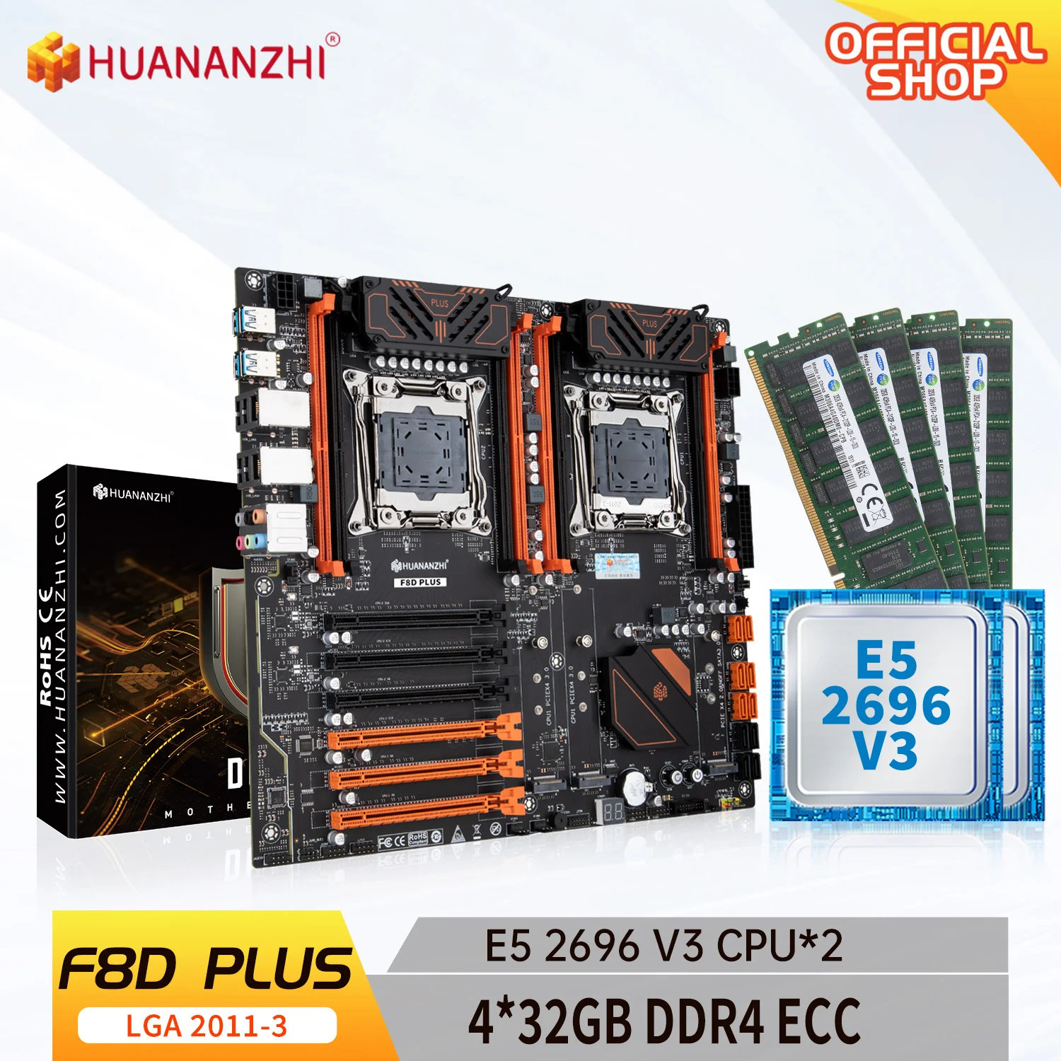 HUANANZHI X99 F8D PLUS LGA 2011-3 XEON X99 اللوحة الأم مع إنتل E5 2696 V3 * 2 مع 4*32G DDR4 RECC ...