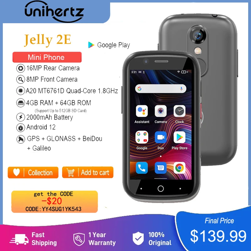 Unihertz Jelly 2E Super Mini Smartphone Android 12 Unlocked 4GB 64GB Mobile Phone 2000mAh 16MP ...